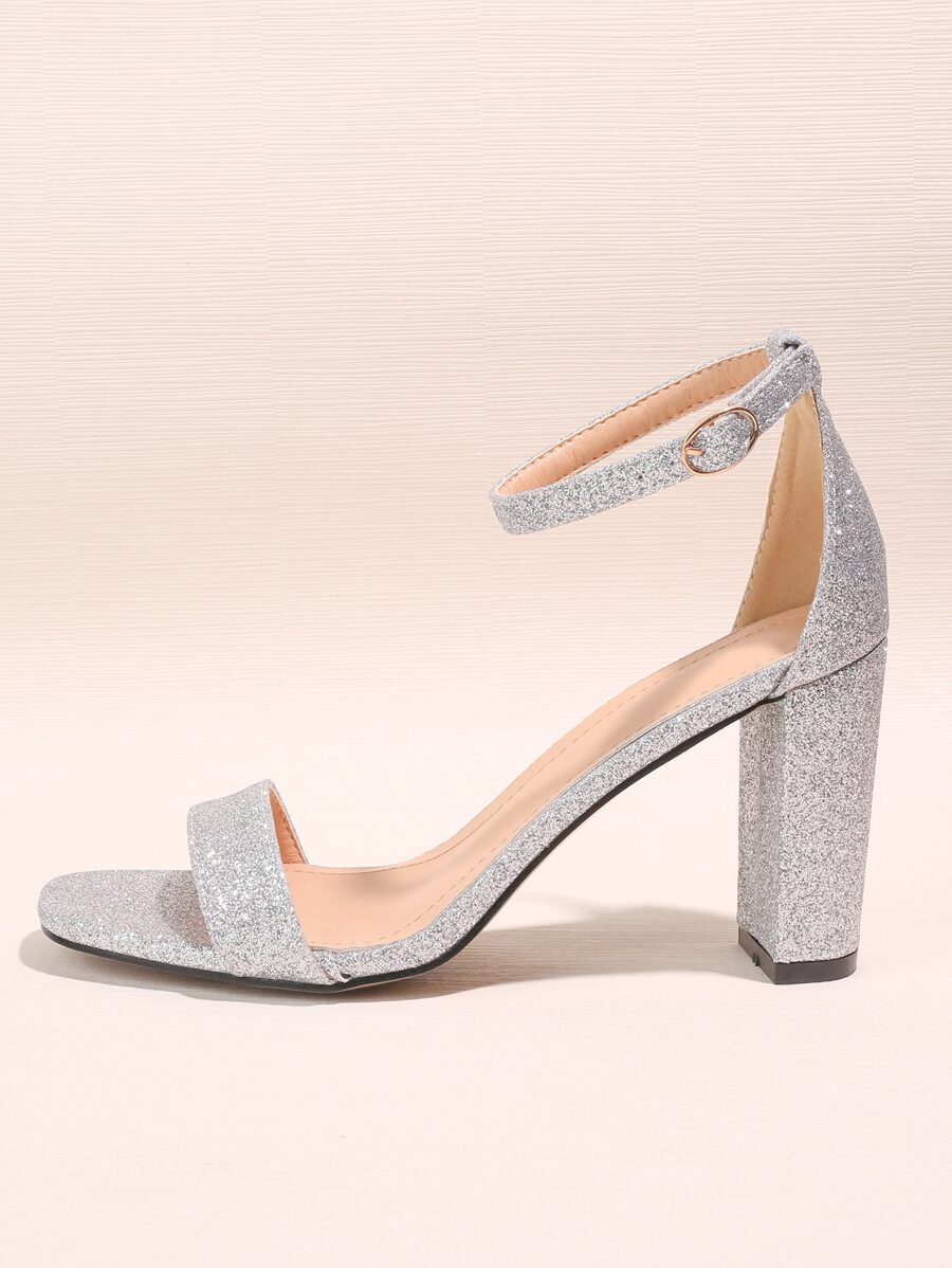Women Glitter Chunky Heeled Sandals, Glamorous Open Toe Ankle Strap Sandals | SHEIN UK