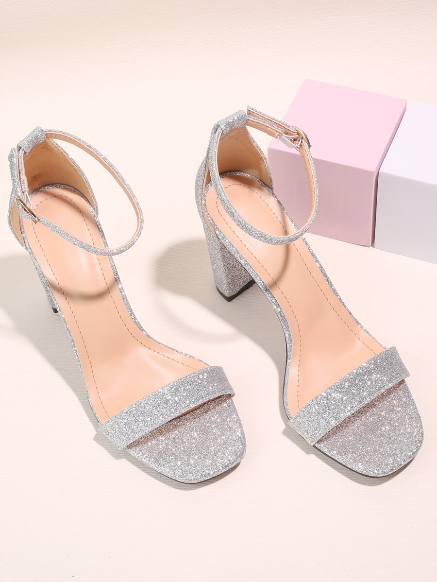 Women Glitter Chunky Heeled Sandals, Glamorous Open Toe Ankle Strap Sandals | SHEIN UK