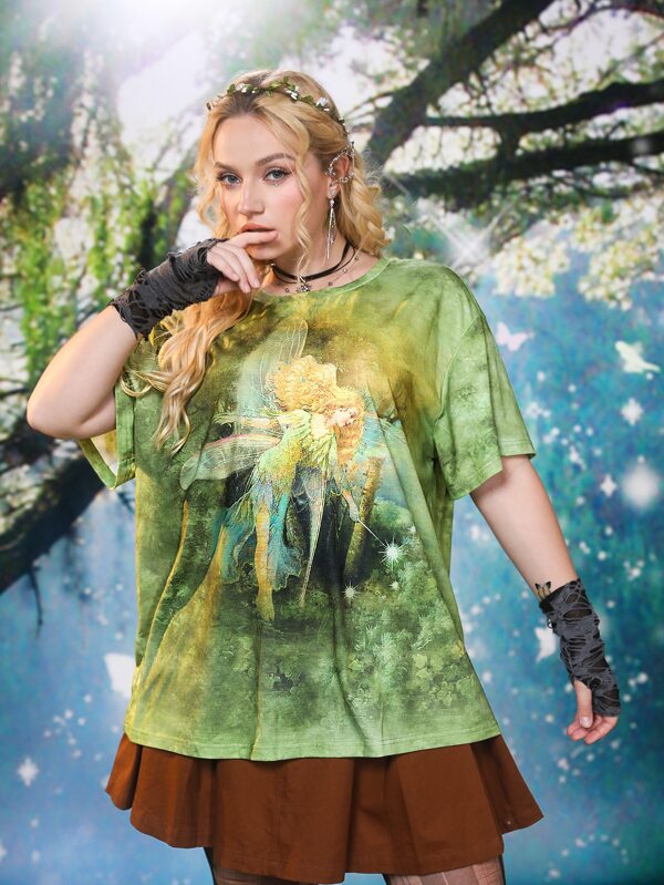 Romwe Punk Plus Dopamine Dressing Tie Dye Figure Graphic Drop Shoulder