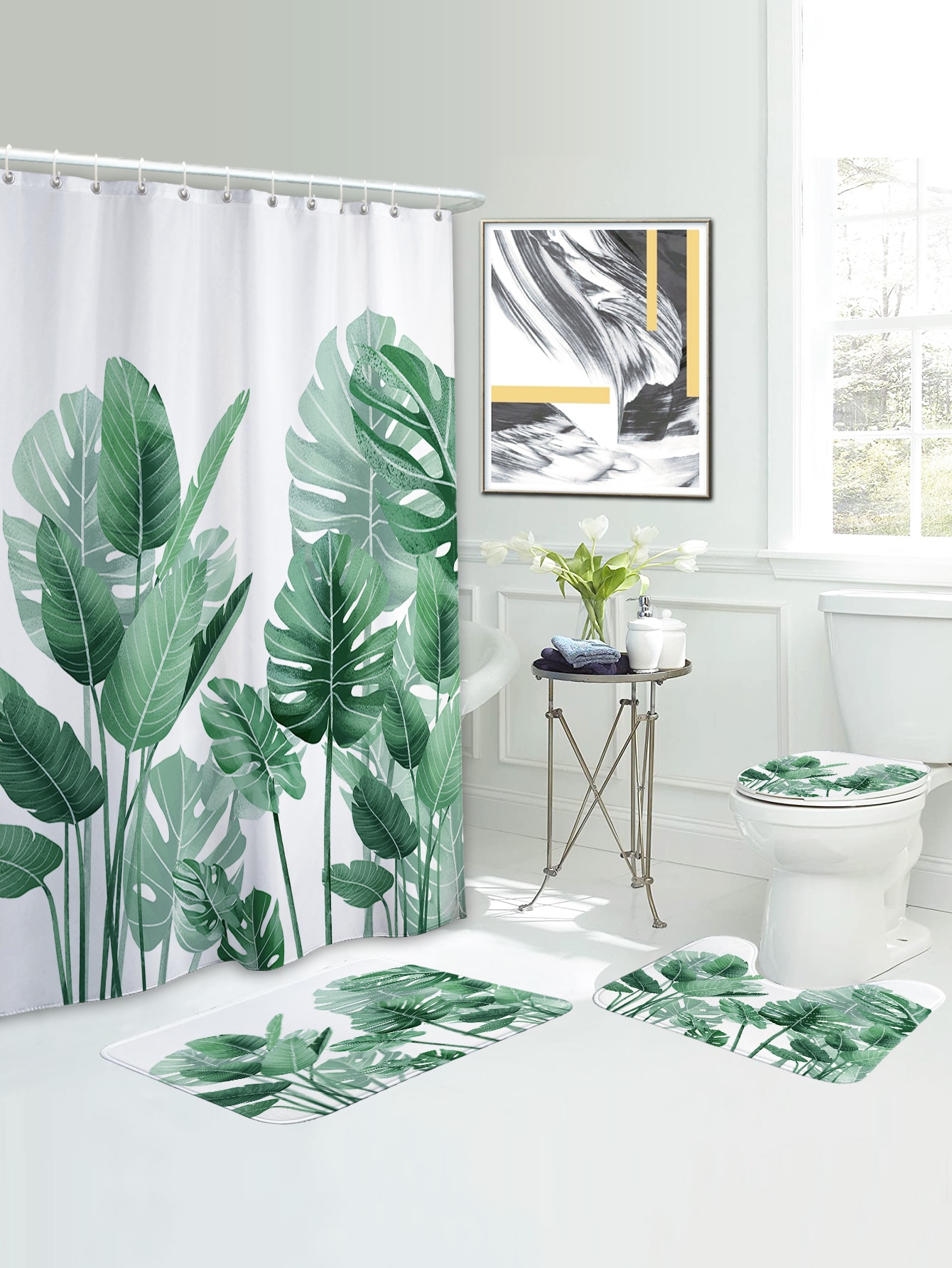 1pc Tropical Print Bath Rug Or 1pc Shower Curtain