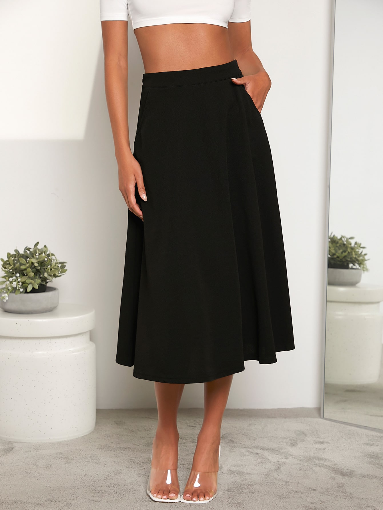 evoluSHEIN High Waist Solid Slant Pockets Skirt