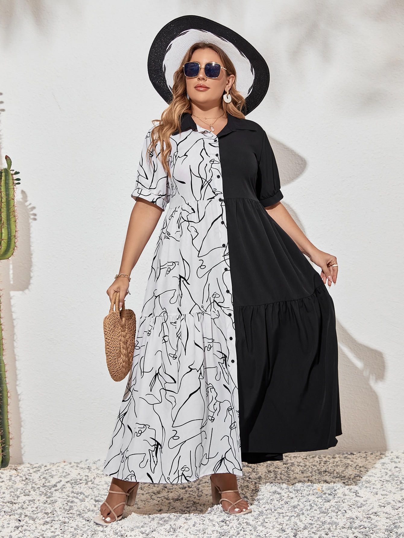 Shein Mulvari Plus Abstract Print Puff Sleeve Ruffle Hem Shirt Dress