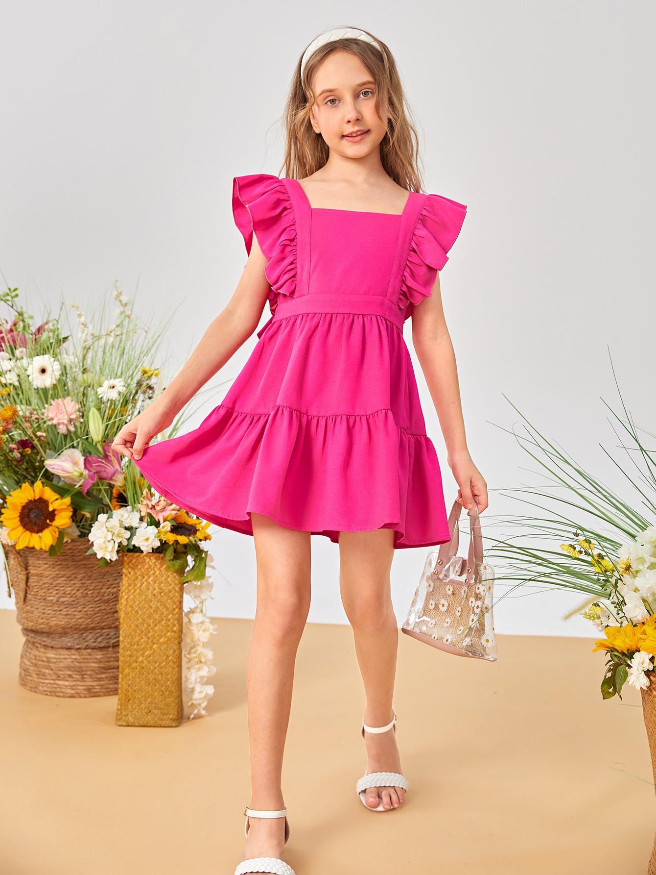 SHEIN Kids CHARMNG Tween Girl Bow Back Square Neck Ruffle Sleeve Dress ...