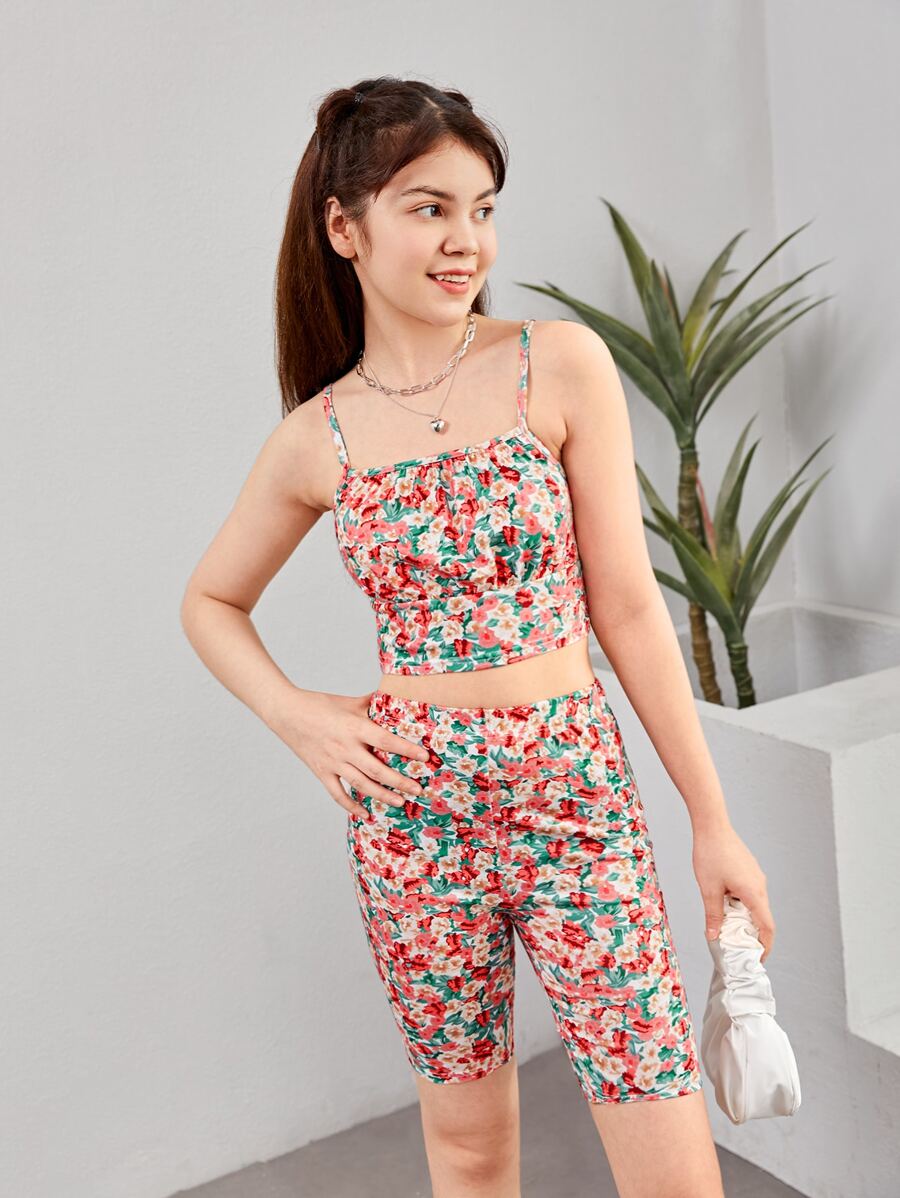 Shein Teen Girls Allover Floral Print Crop Cami Top And Biker Shorts