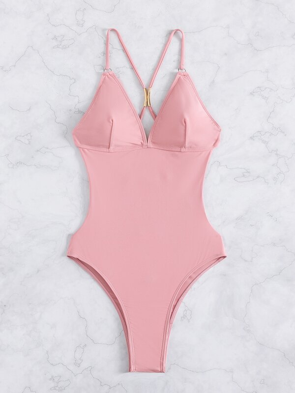 Shein Swim Vcay Plain Criss Cross One Piece Swimsuit Shein Usa