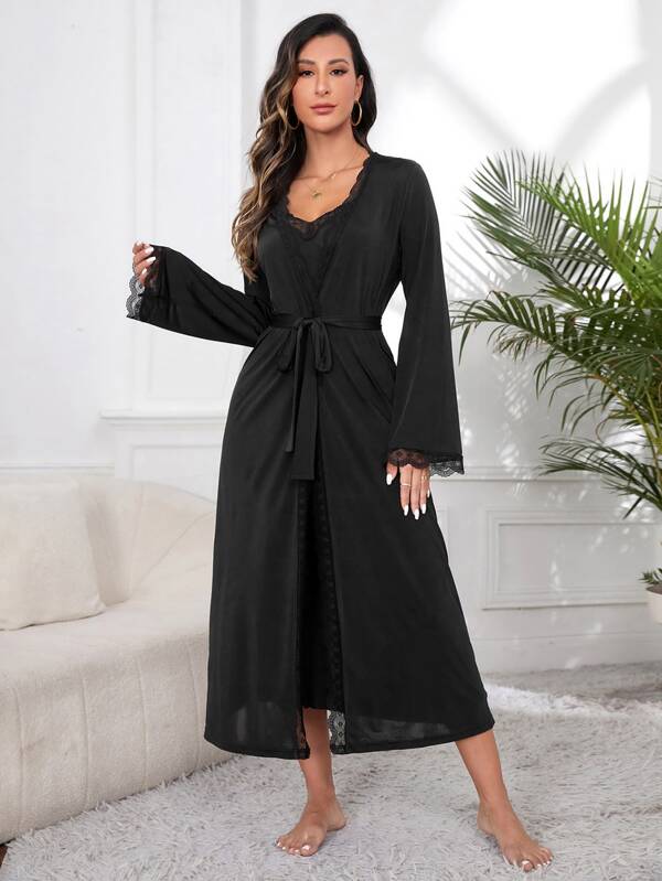 Lace Trim Slip Sleepdress & Robe Pyjama Set With Belt | SHEIN UK