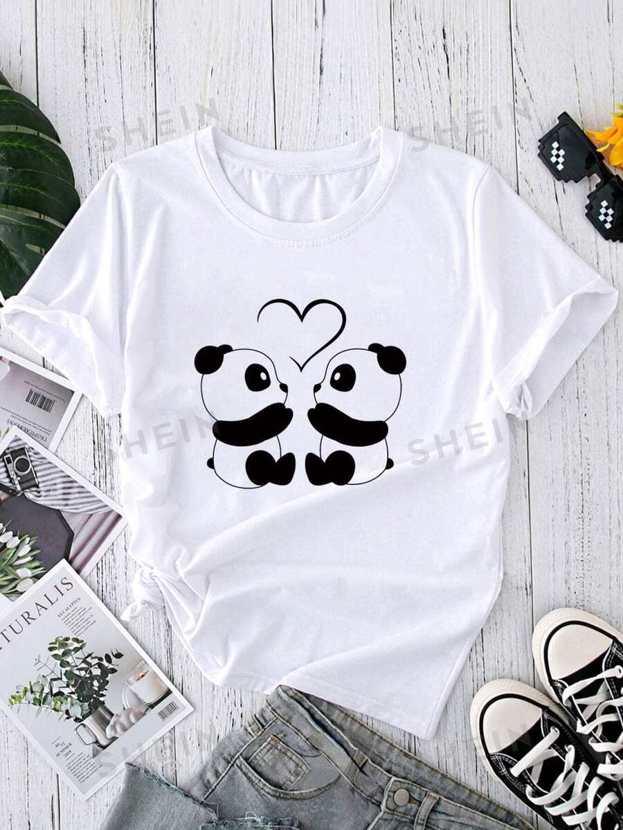 SHEIN Essnce Panda & Heart Print Tee | SHEIN UK