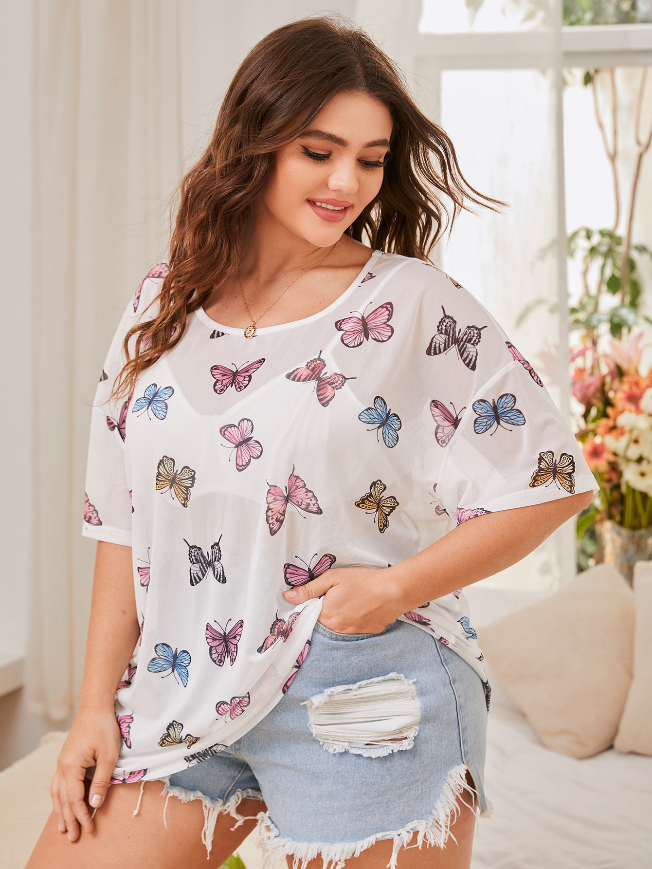 SHEIN EZwear Plus Butterfly Print Mesh Top | SHEIN UK