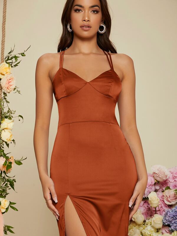 Shein Belle Crisscross Backless Slit Thigh Satin Cami Prom Dress Shein Uk