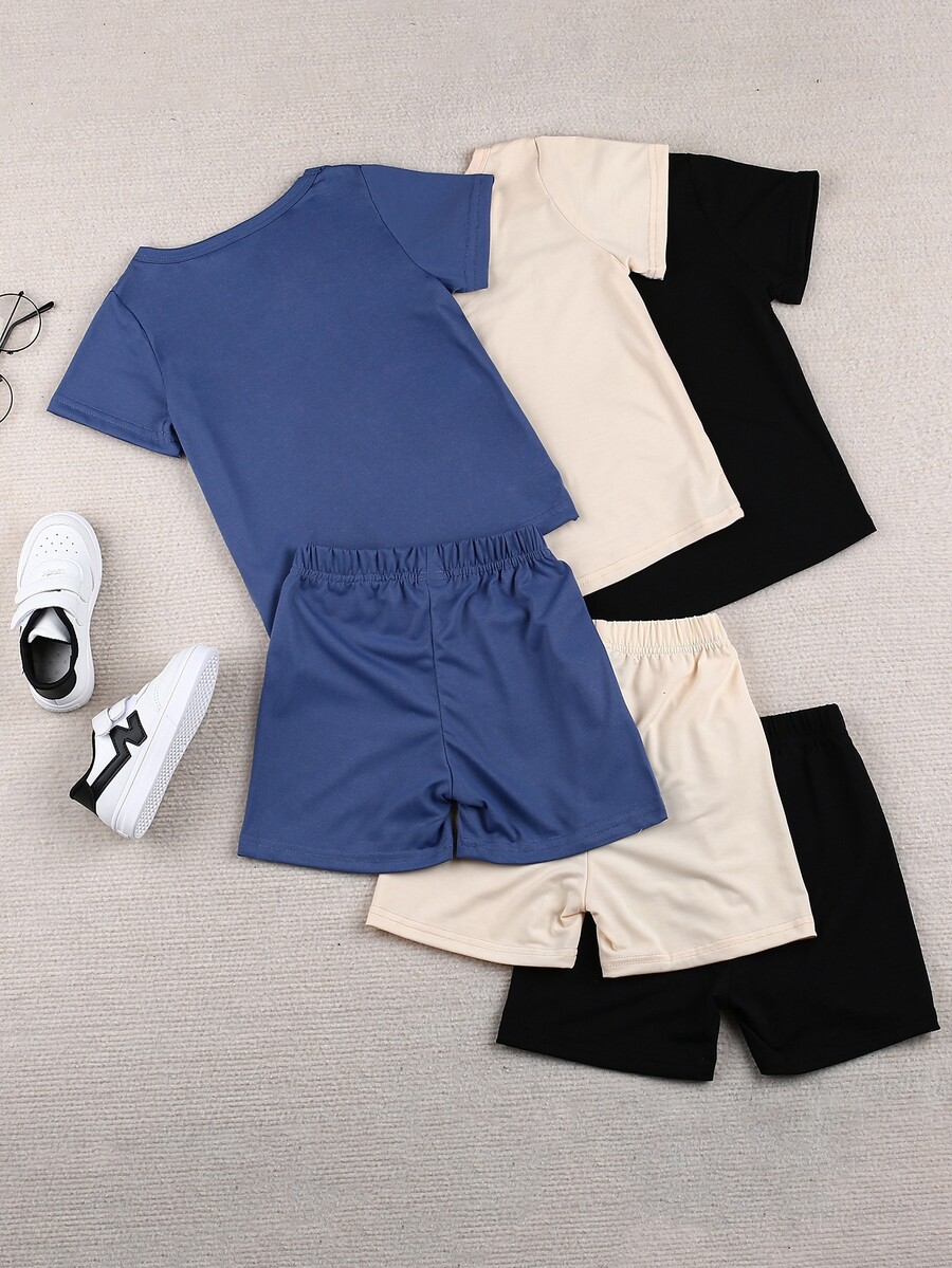 SHEIN 6 ชิ้น/เซ็ต Young Boys 'เสื้อแขนสั้นพิมพ์ลายสัตว์และกางเกงขาสั้นกีฬาสีทึบเหมาะสำหรับ ...