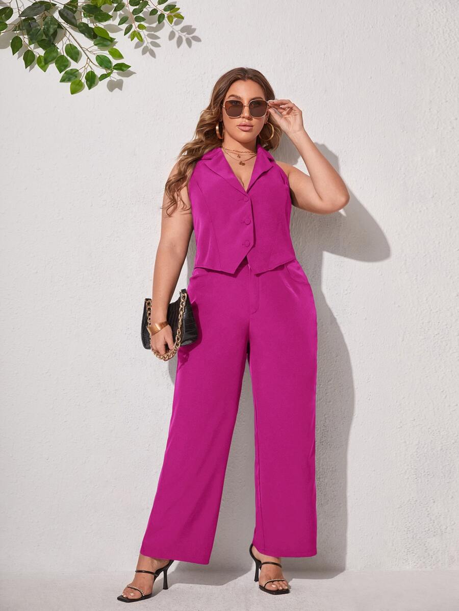 SHEIN Privé Plus Vest Blazer & Wide Leg Pants Suit Set | SHEIN USA