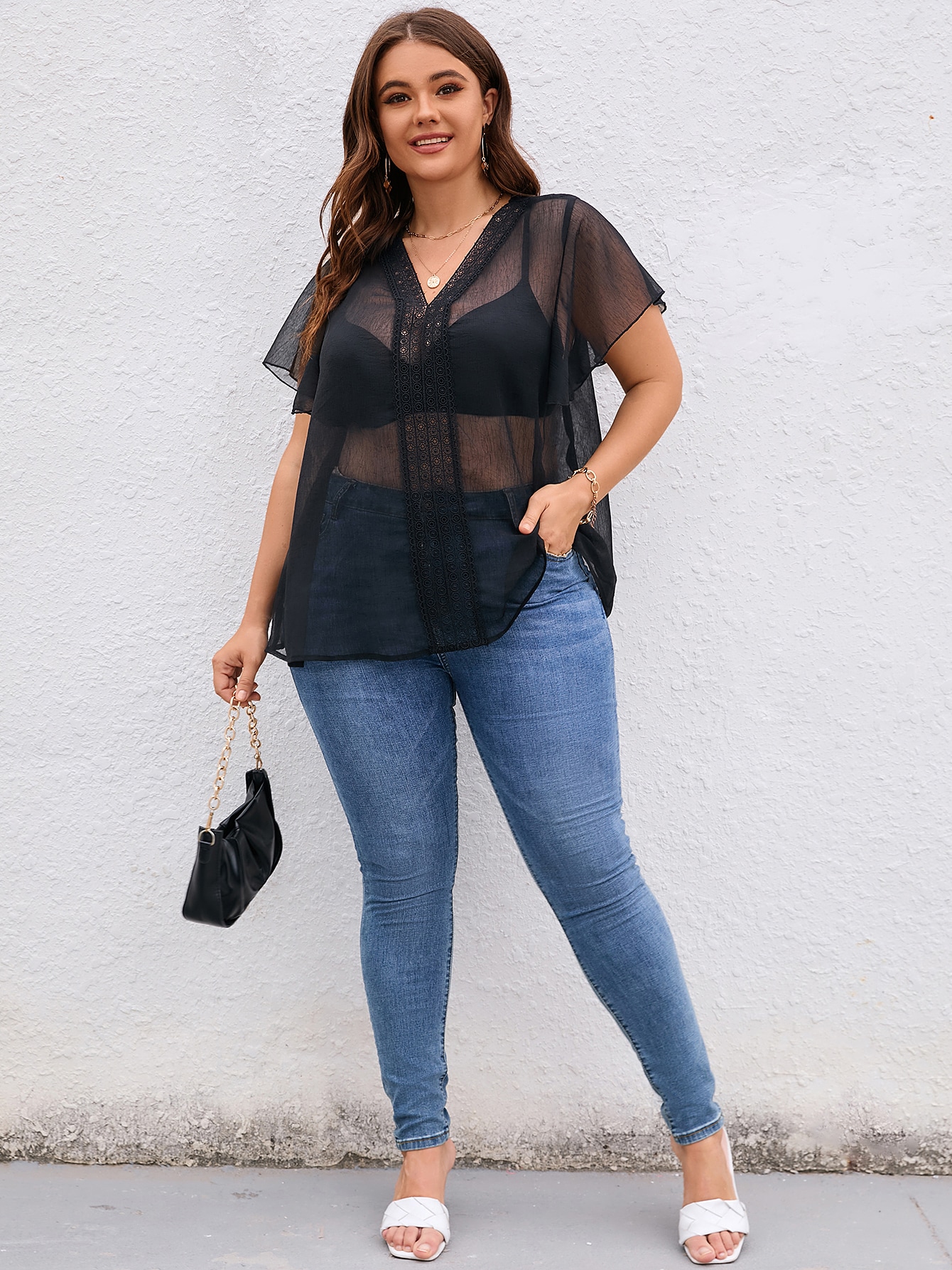 Plus Contrast Guipure Lace Flutter Sleeve Sheer Chiffon Top Without Bra ...