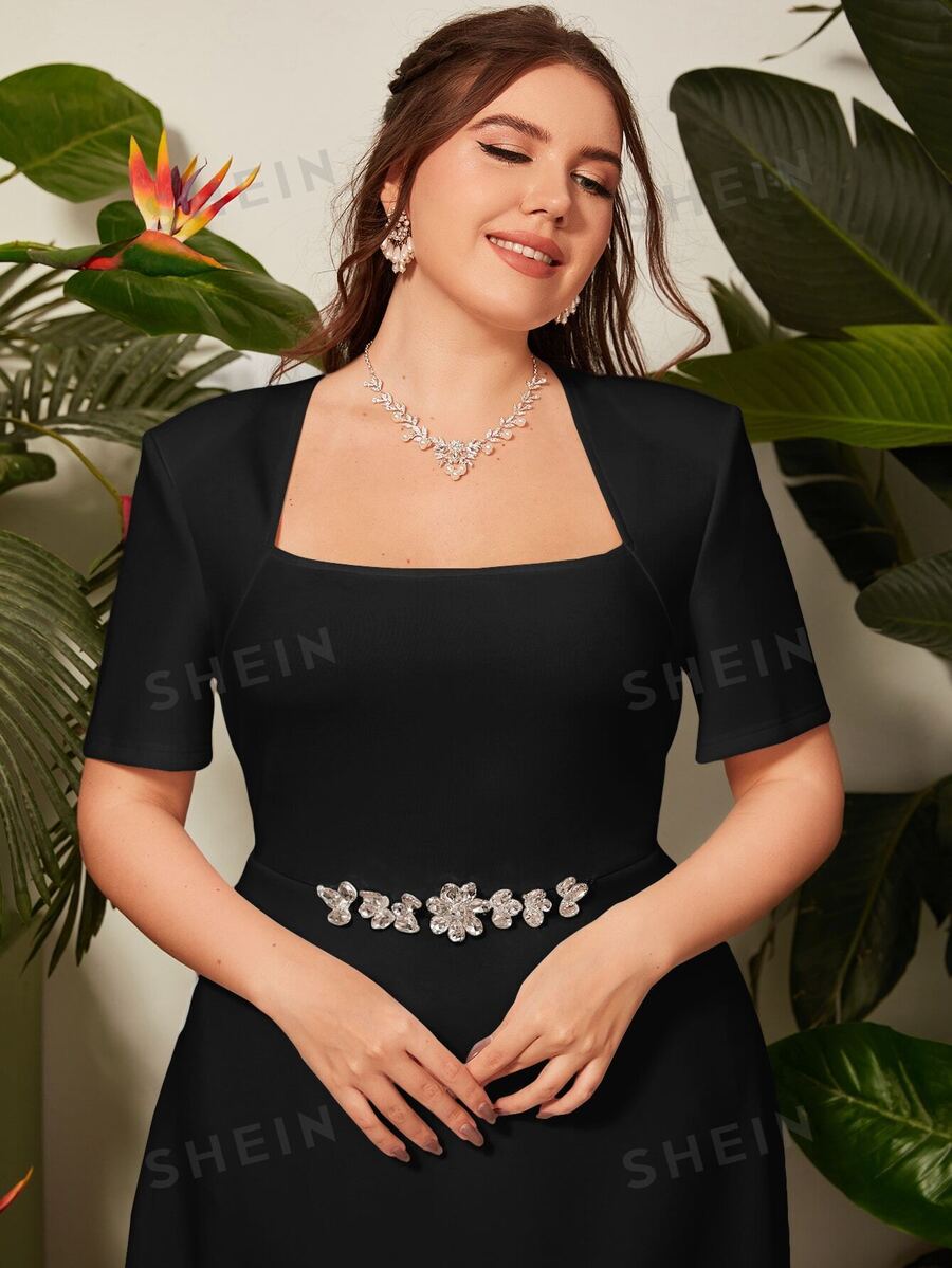 SHEIN Modely Plus Rhinestone Square Neck A-line Dress | SHEIN UK