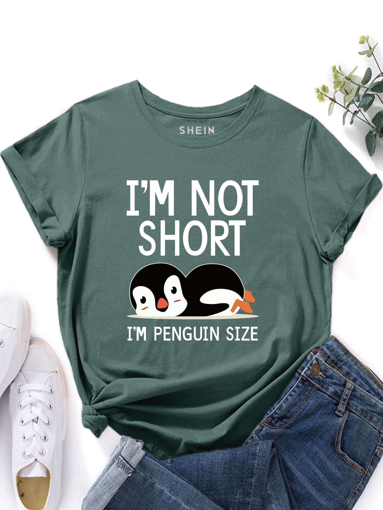 Penguin & Slogan Graphic Tee I'M NOT SHORT I'M PENGUIN SIZE | SHEIN USA