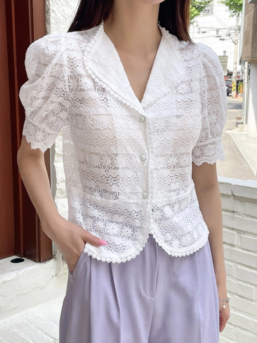 DAZY Puff Sleeve Lace Shirt Without Bra | SHEIN USA