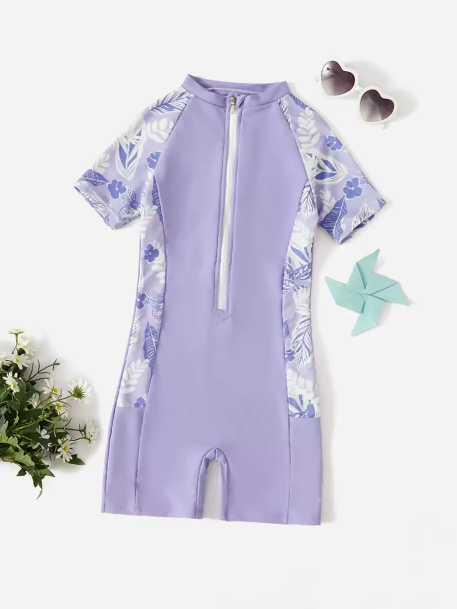 Tween Girl Plant Print Zipper One Piece Swimsuit | SHEIN USA