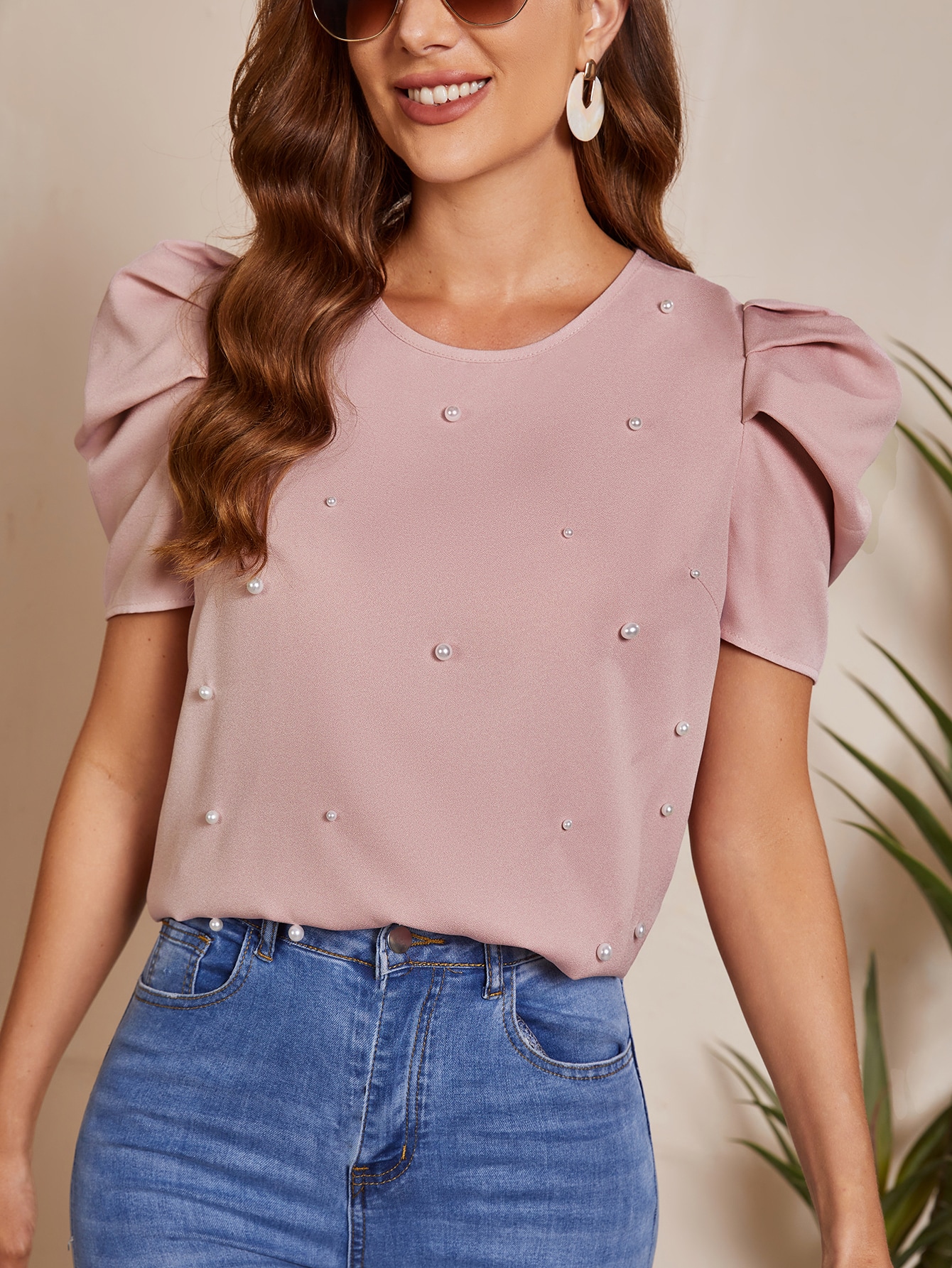 SHEIN Solid Puff Sleeve Pearls Beaded Top