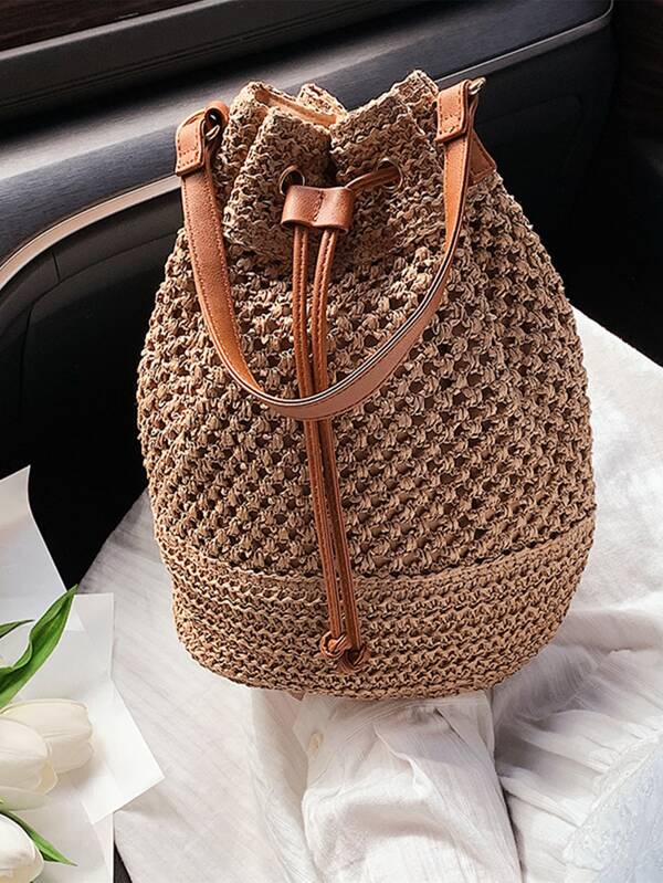 Minimalist Drawstring Straw Bag,Perfect For Summer Beach Travel ...