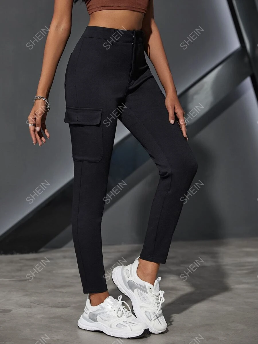 SHEIN MOOSTA Women's Solid Color Cargo Pocket Skinny Casual Pants ...