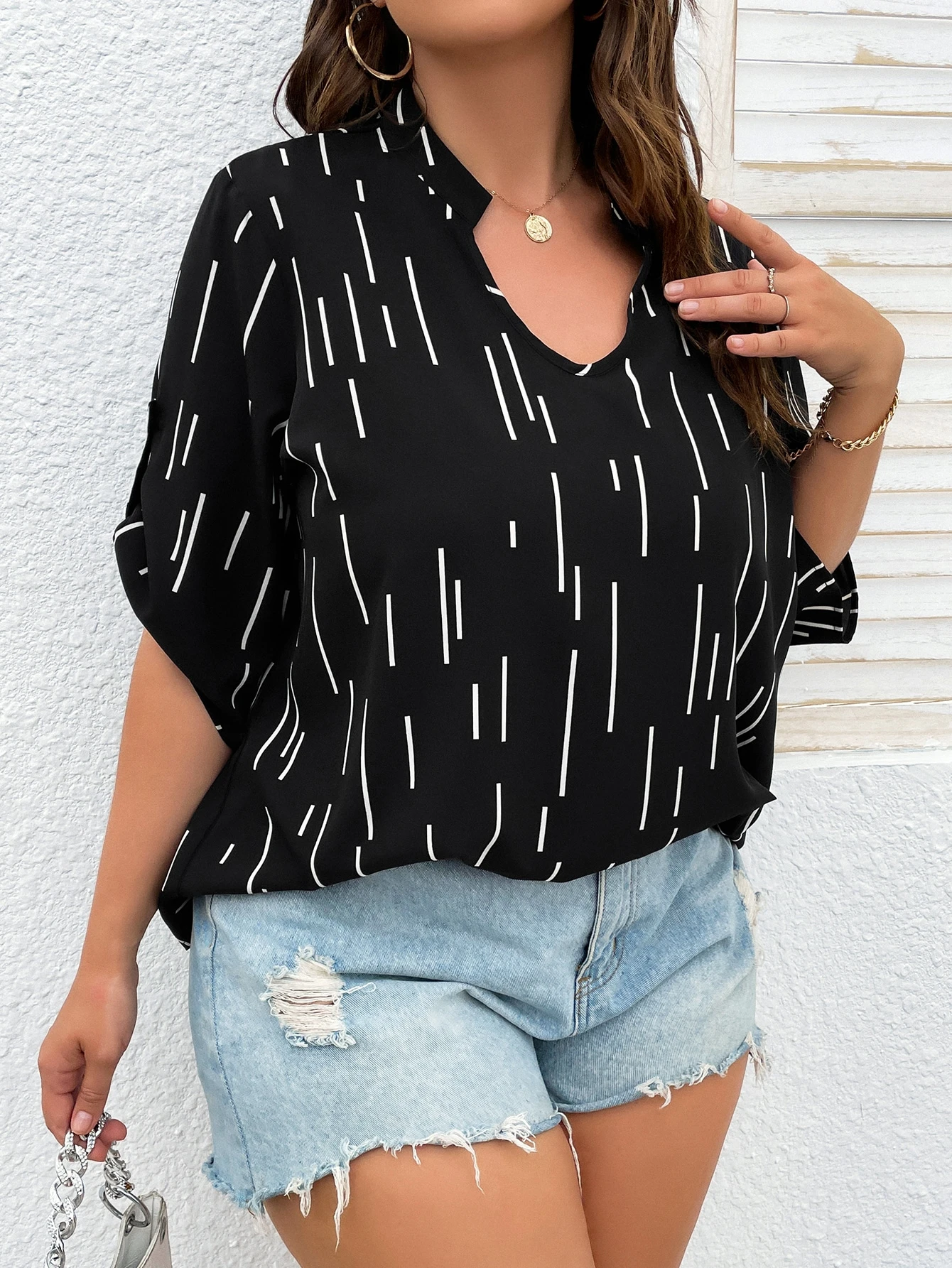 Shein Clasi Plus Striped Roll Tab Sleeve Popover Blouse Shein Usa