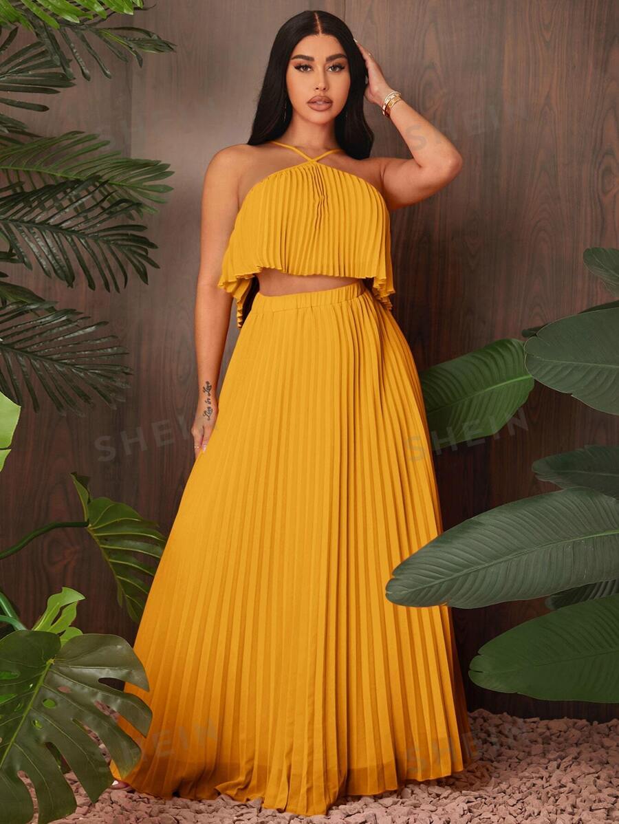 SHEIN SXY Solid Pleated Halter Top & Skirt | SHEIN UK