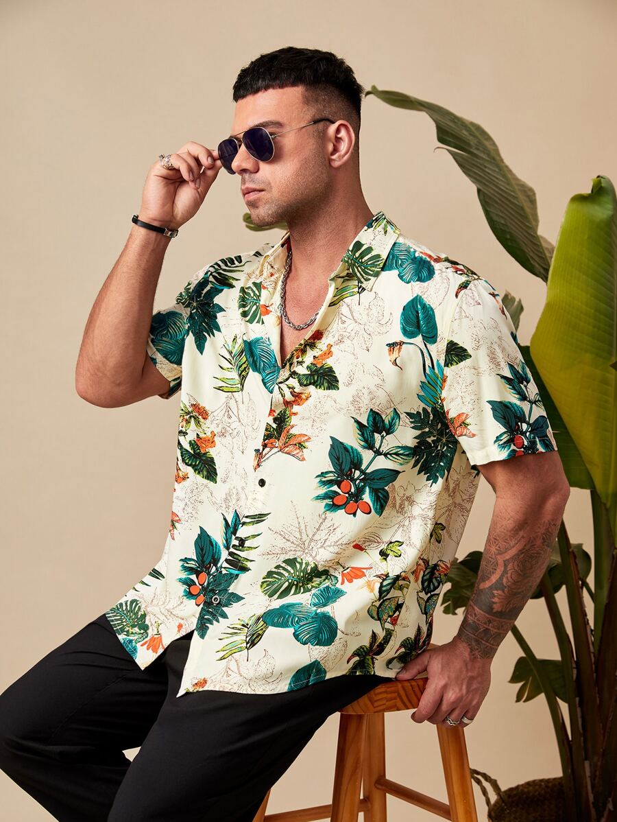 Manfinity RSRT Men Plus Size Tropical Print Shirt Short Sleeve Button ...