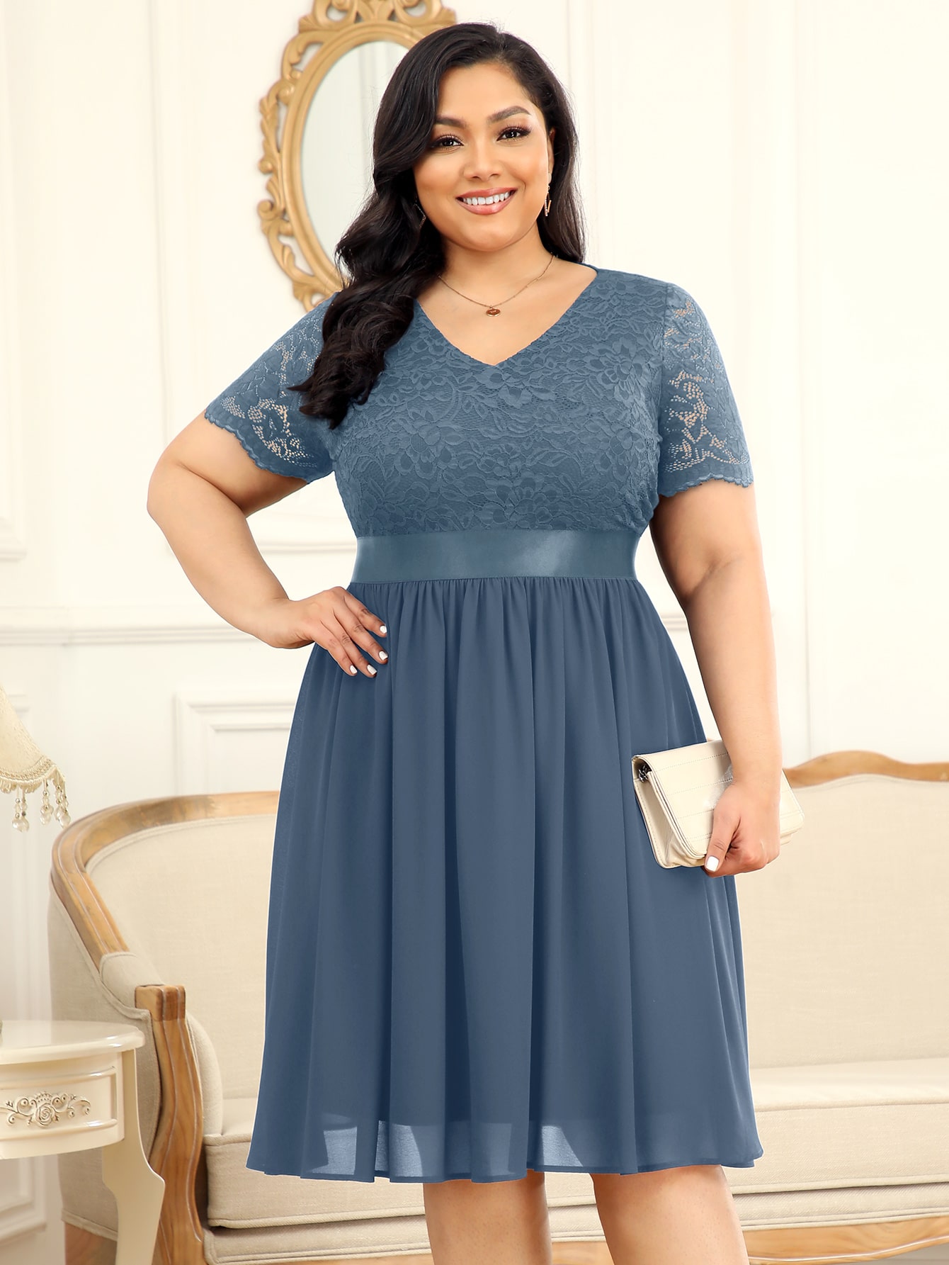 MIUSOL Plus Surplice V Neck Contrast Lace Chiffon Party Swing Dress