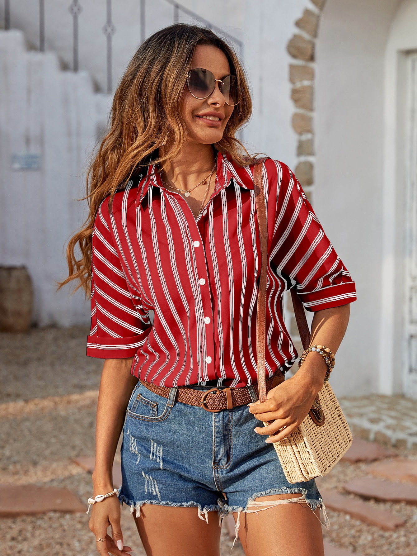 SHEIN LUNE Vertical Striped Button Front Shirt | SHEIN UK