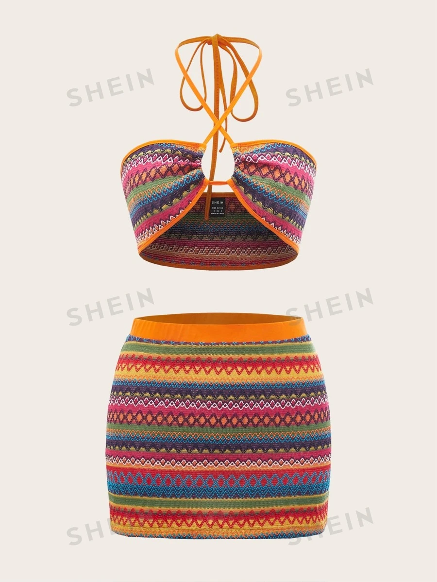 Shein Icon Geo Print Contrast Binding Tie Backless Crop Halter Top