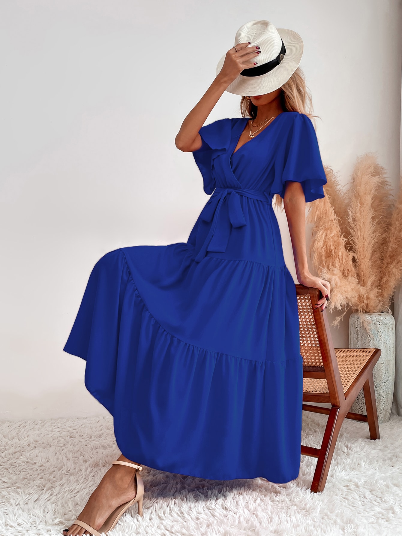 Surplice Neck Ruffle Hem Belted Dress