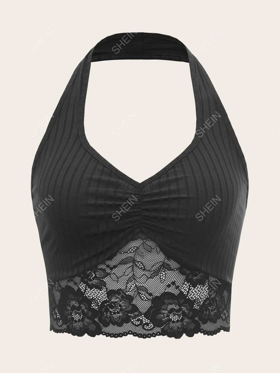 SHEIN EZwear Summer Outfits Contrast Lace Ruched Halter Top for Sale ...