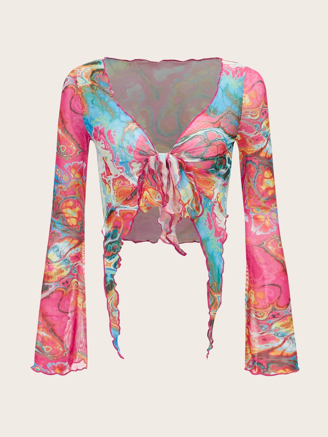 SHEIN ICON Split Sleeve Tie Front Asymmetrical Hem Graphic Print Mesh ...