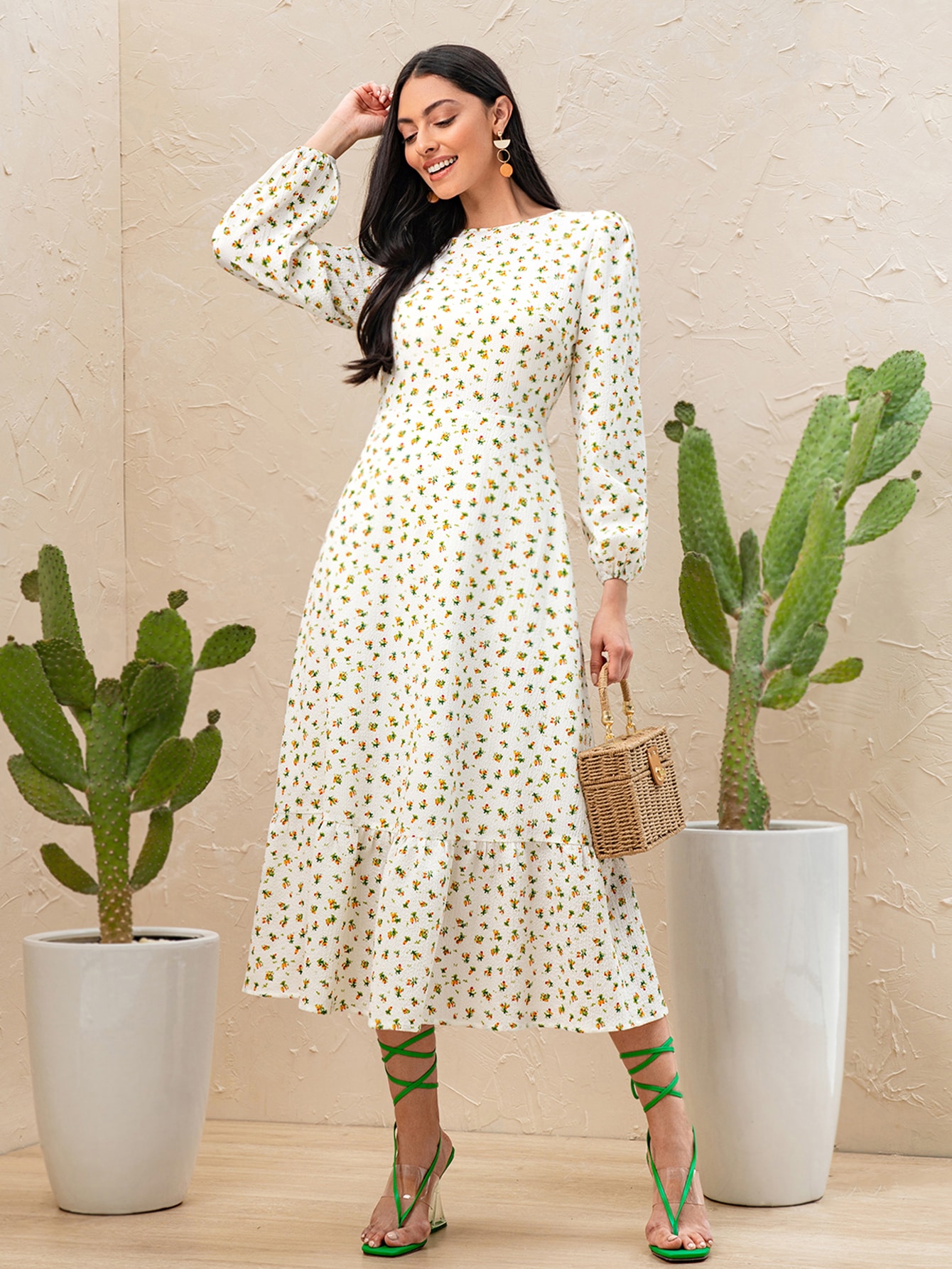 SHEIN Mulvari Daisy Print Lantern Sleeve Ruffle Hem Dress | SHEIN USA