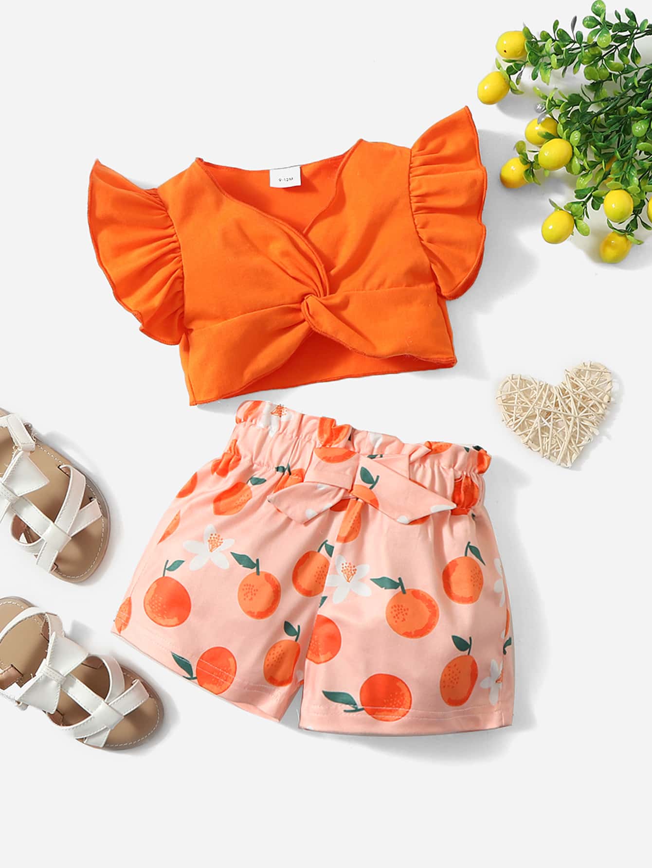 Baby Twist Flutter Sleeve Top & Orange Print Bow Paperbag Waist Shorts