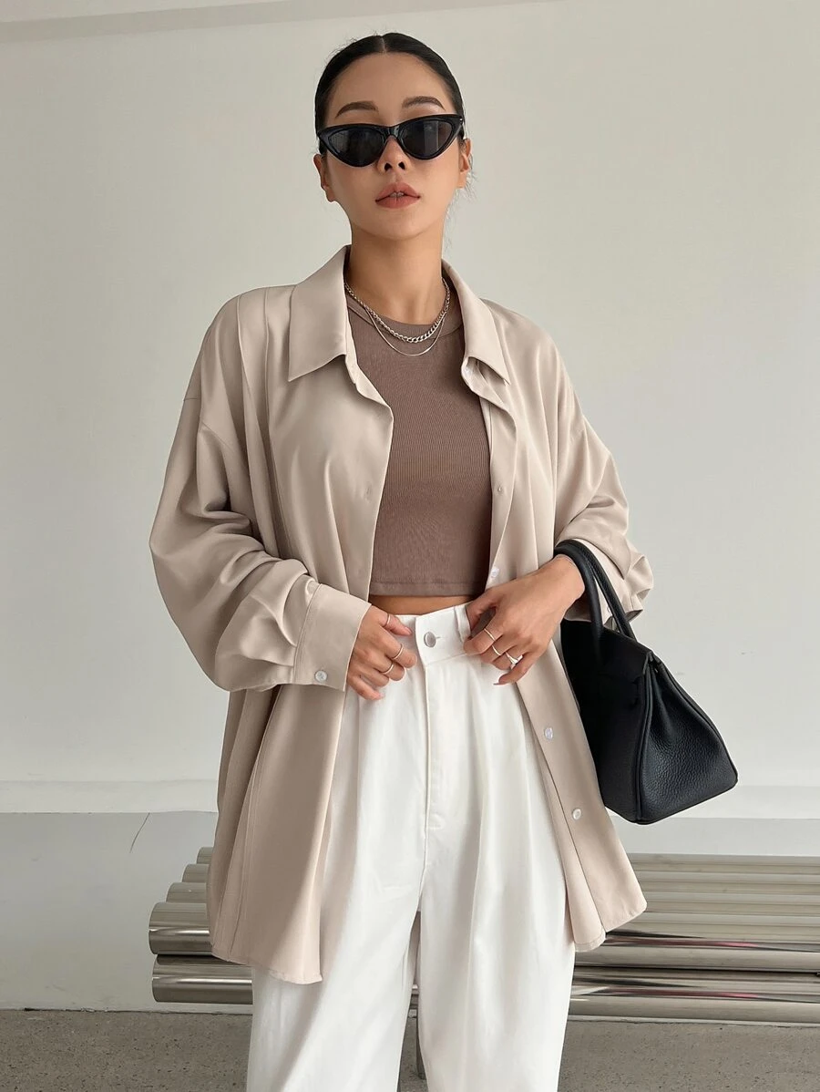 DAZY High Low Hem Drop Shoulder Shirt Long Sleeve Top | SHEIN USA