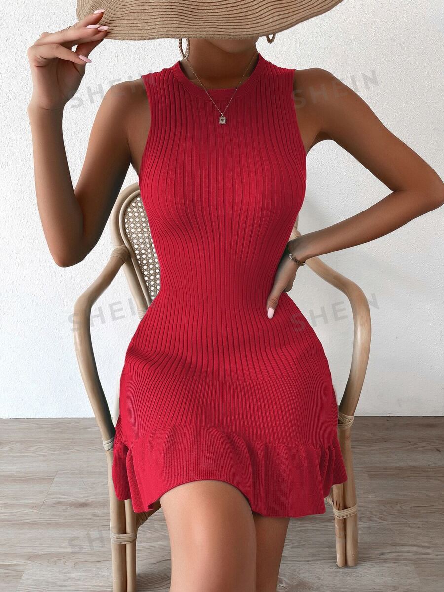 Shein Privé Ruffle Hem Ribbed Knit Sweater Dress Without Belt Shein Usa