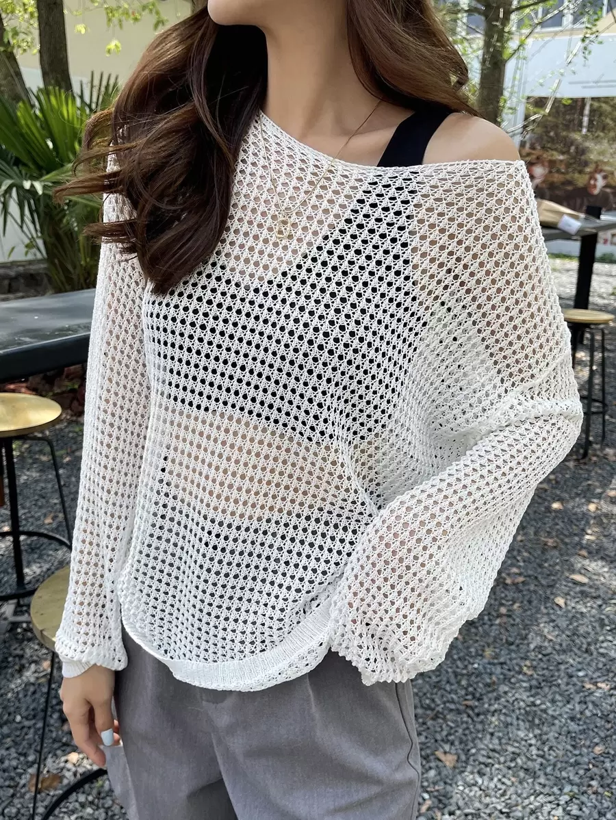 DAZY Openwork Drop Shoulder Sweater Without Bra Sheer | SHEIN USA