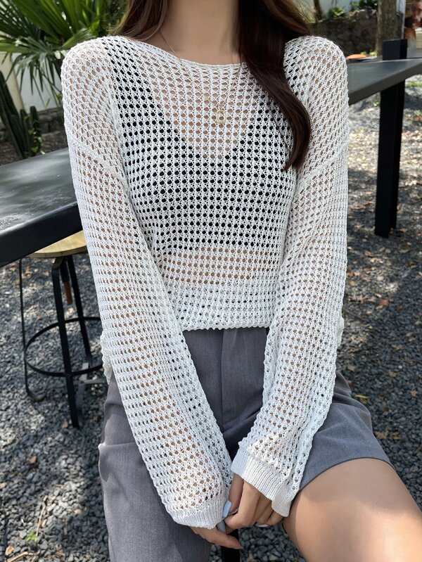 DAZY Openwork Drop Shoulder Jumper Without Bra | SHEIN UK