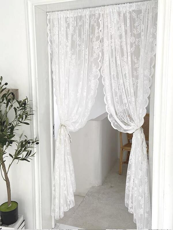 1pc Flower Embroidered Lace Door Curtain, Lace Fabric Door Sheer ...