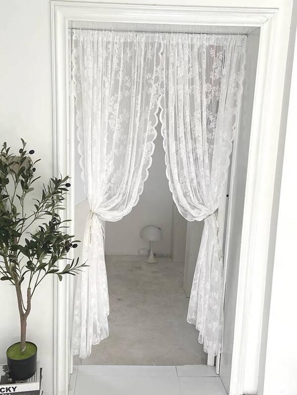 1pc Flower Embroidered Lace Door Curtain, Lace Fabric Door Sheer ...
