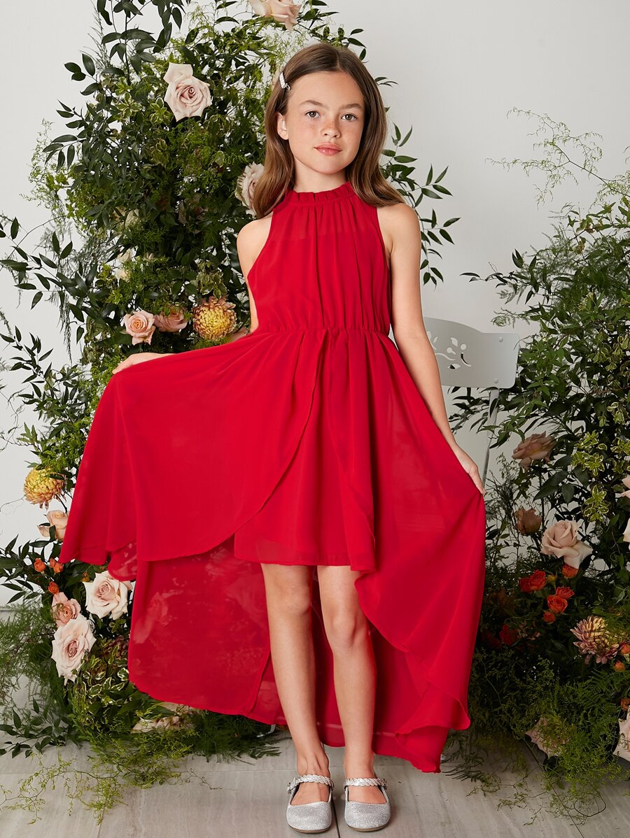 SHEIN Tween Girl Frill Mock Neck High Low Chiffon Dress | SHEIN USA