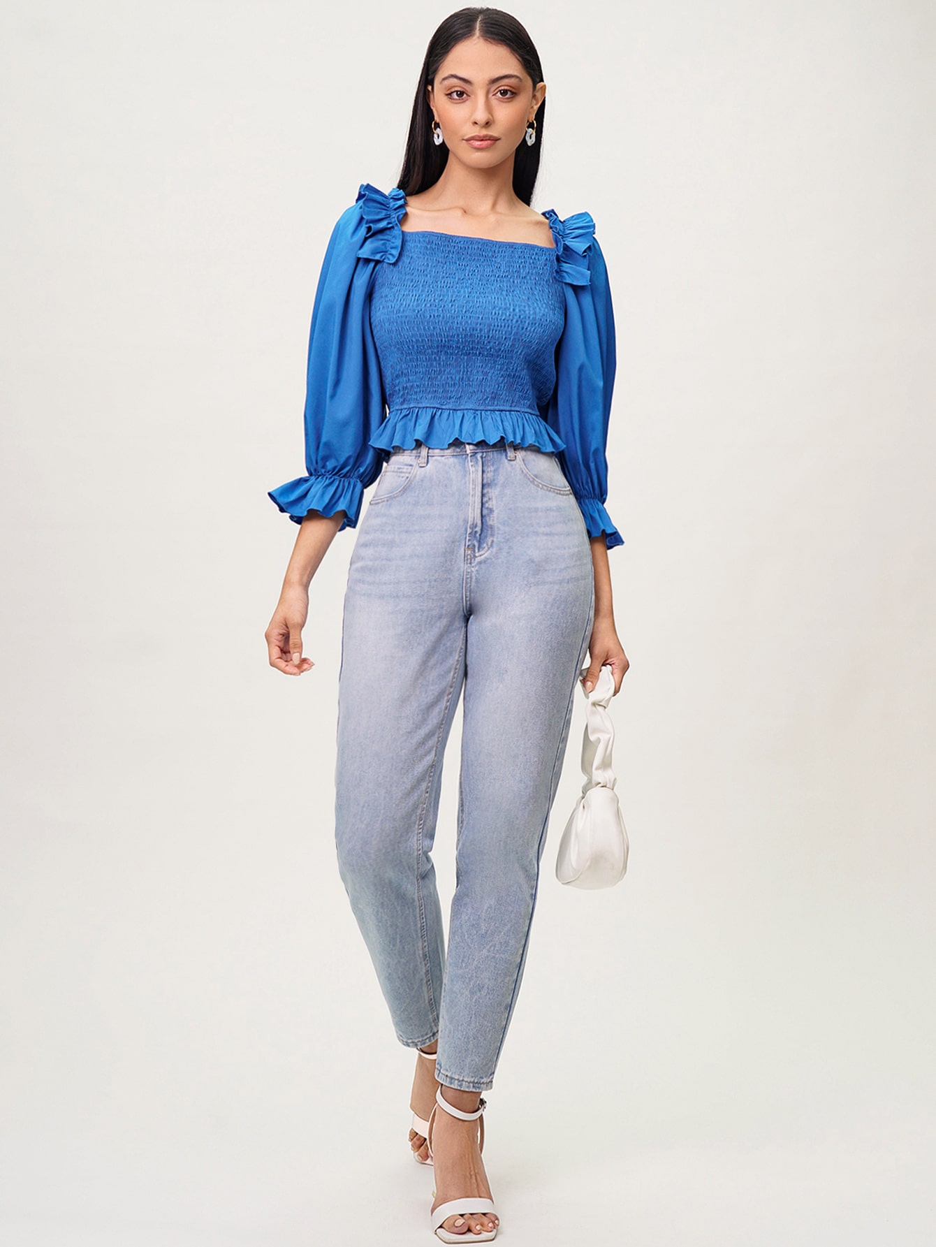 Shein Mulvari Shirred Puff Sleeve Ruffle Trim Tie Back Blouse Shein Usa