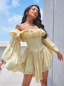 Off Shoulder Ruffle Trim Trumpet Sleeve Dress | SHEIN USA