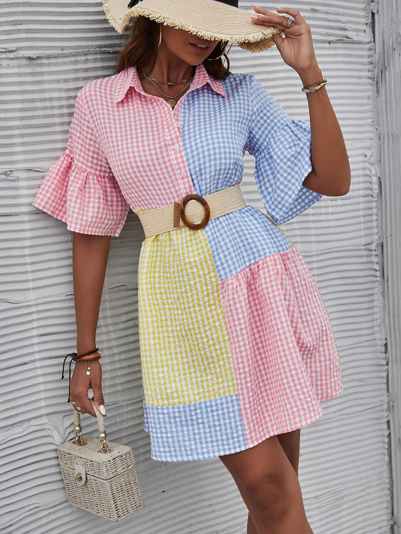 Striped & Colorblock Bell Sleeve Dress | SHEIN USA