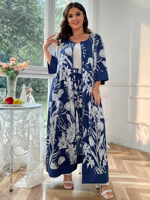 Shein Mulvari Plus Allover Floral Print Coat And Wide Leg Trousers Shein Uk