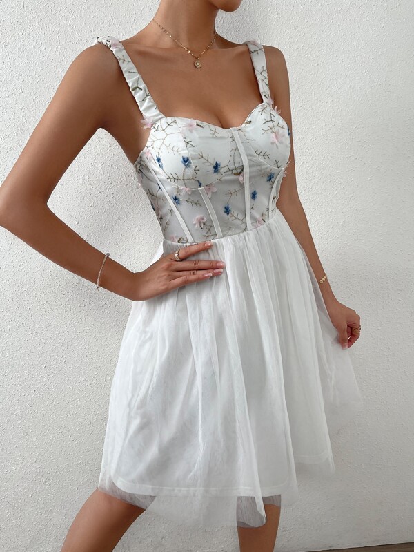 Appliques Branches Embroidery Ruched Mesh Overlay Cami Dress Shein Usa
