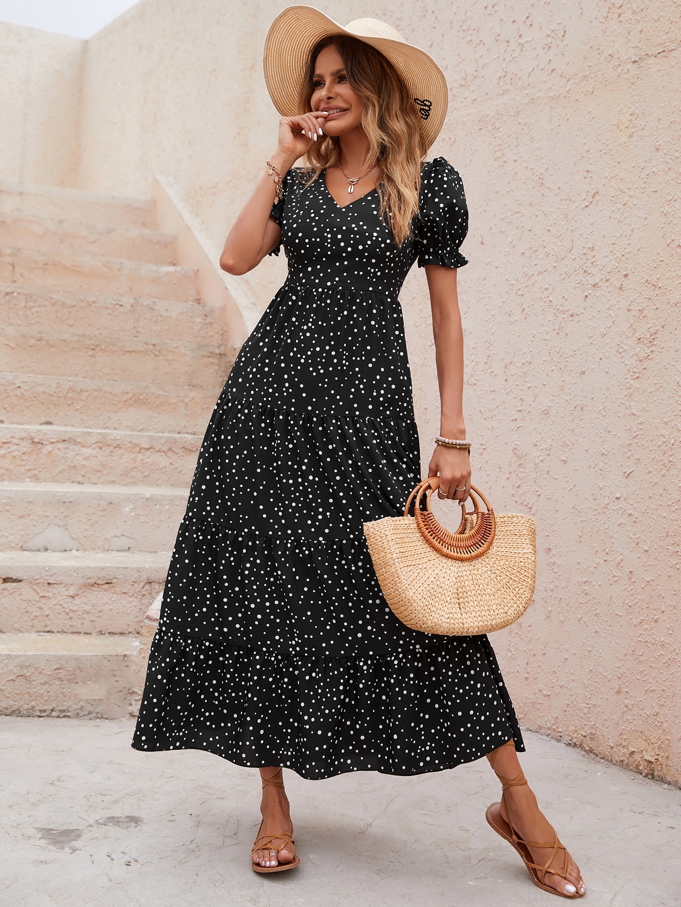 SHEIN VCAY Vestidos De bolinhas Manga Bufante Bainha com babado | SHEIN PT