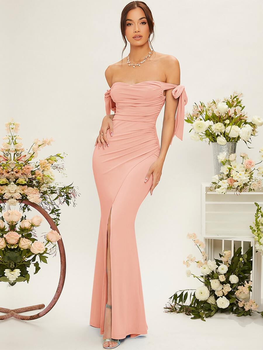 SHEIN Belle Off Shoulder Knot Side Ruched Wrap Hem Bridesmaid Dress Elegant Formal Evening Prom ...