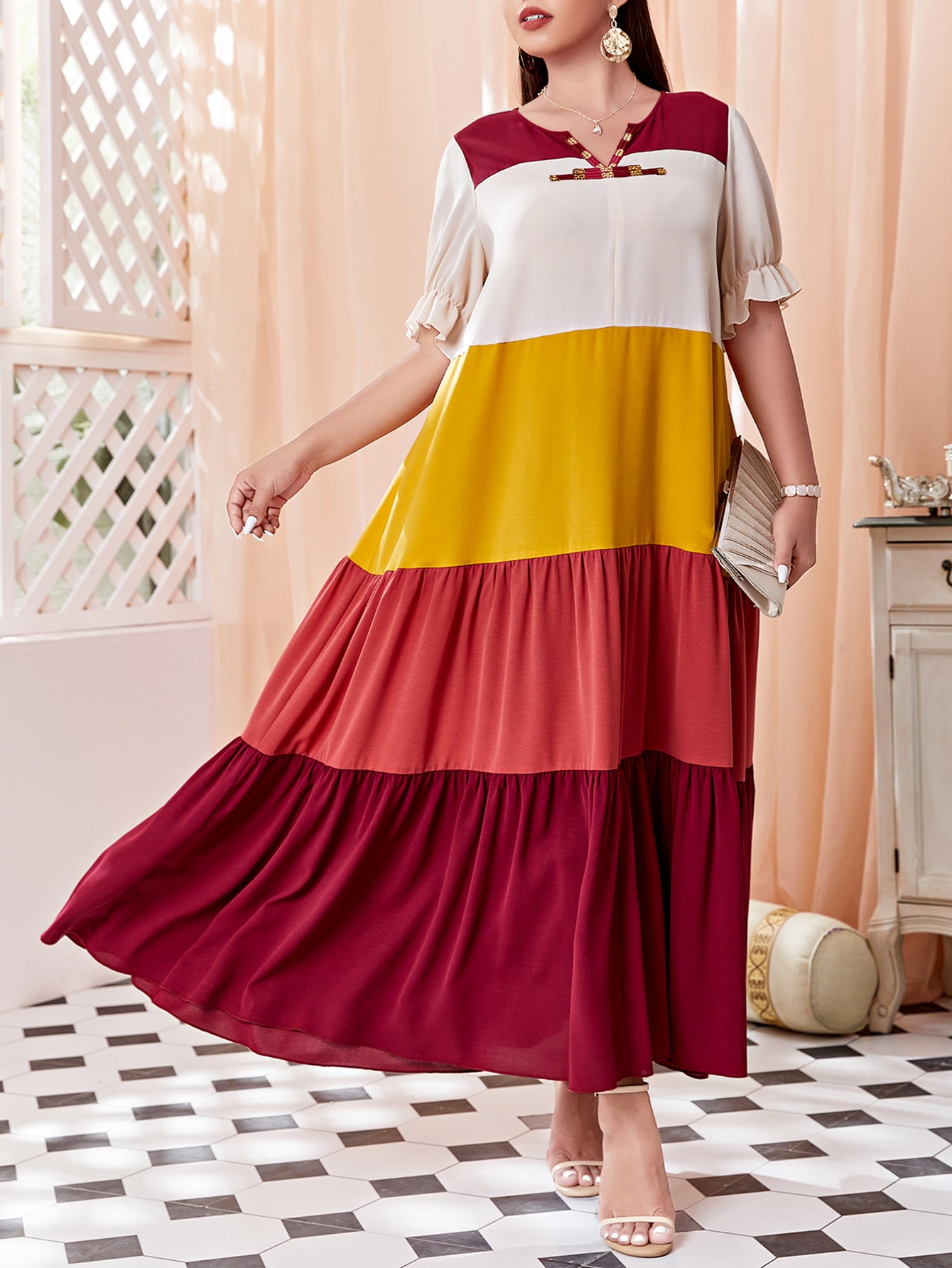 SHEIN Mulvari Plus Color Block Notched Neck Ruffle Hem Smock Dress ...