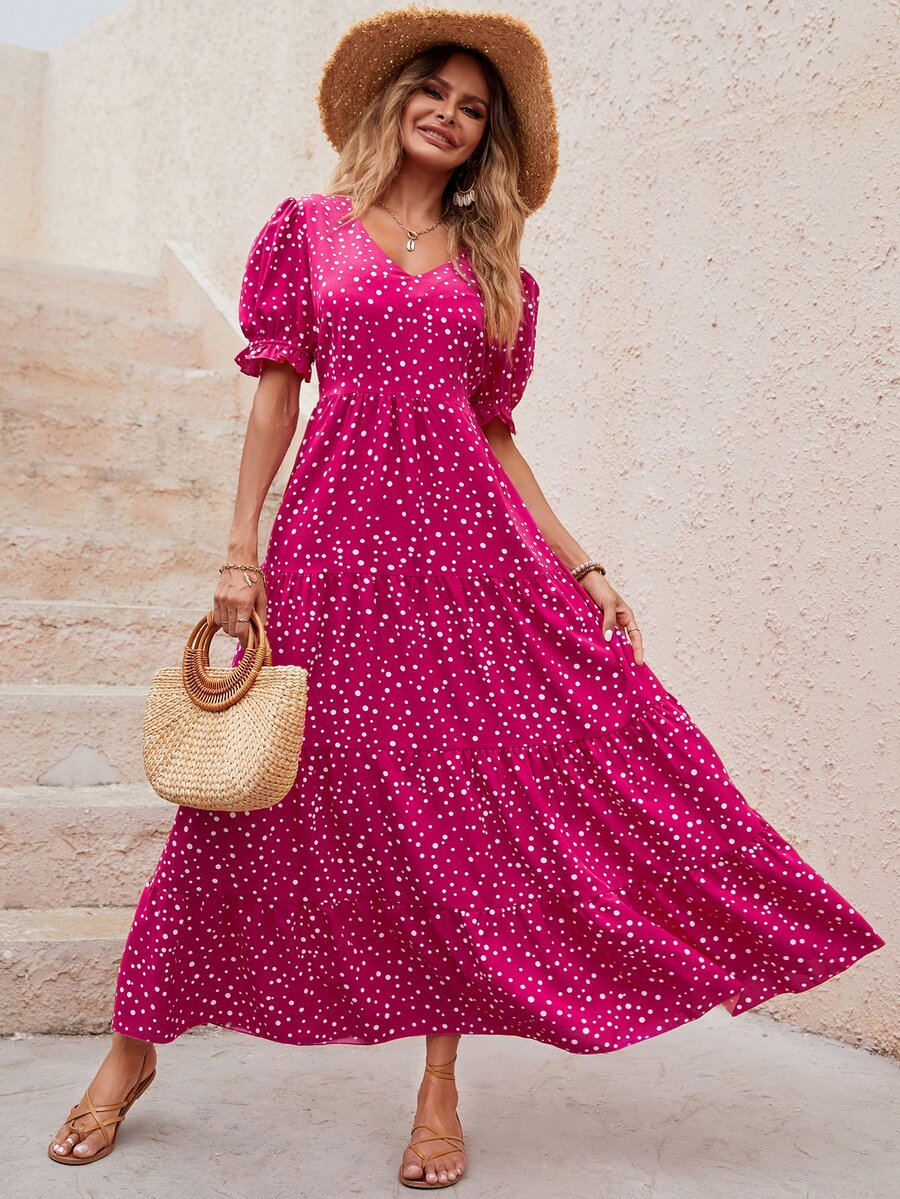 SHEIN Holidaya Vestidos De bolinhas Manga Bufante Bainha com babado | SHEIN Brasil